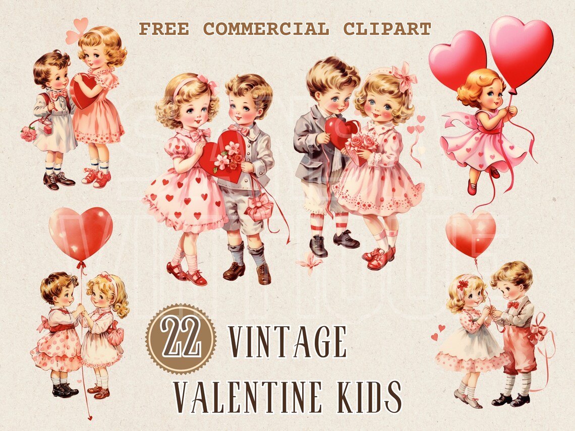 Vintage Valentines Children Watercolor Clipart, Retro Kids and Heart ...