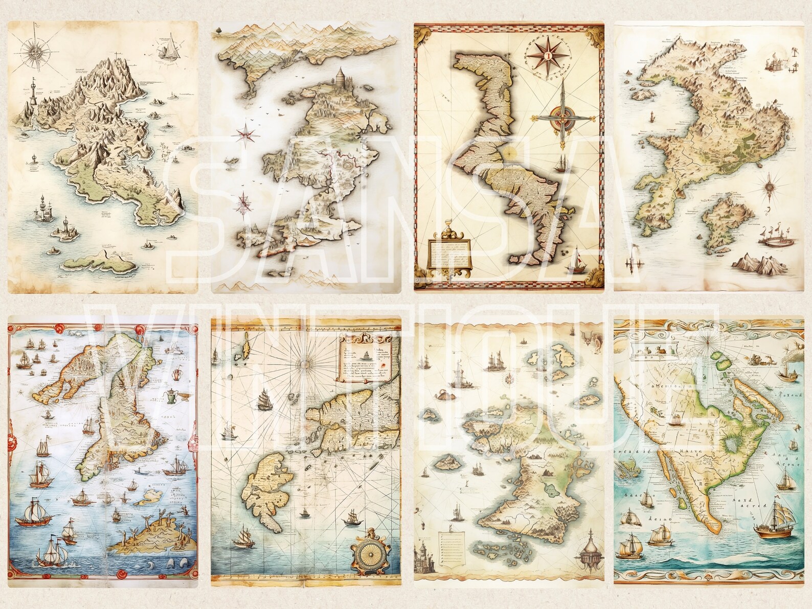 Vintage Fictional Map Watercolor Clipart, Nostalgic Imaginary World Map ...