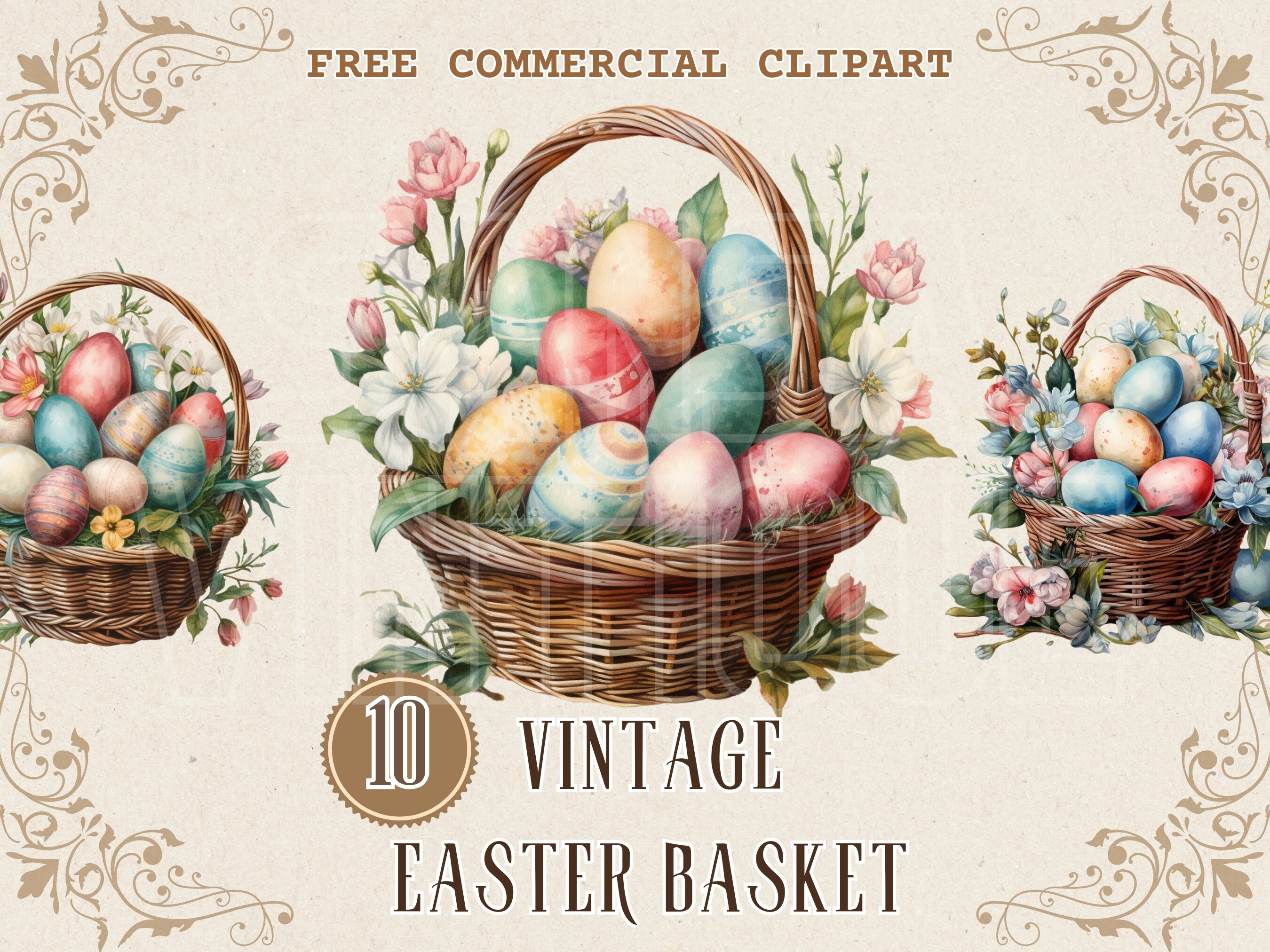 Vintage Easter Basket Watercolor Clipart, Antique Easter Egg Basket ...