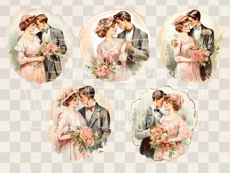 Vintage Couple Watercolor Clipart, Retro Romance Free Commercial PNG ...