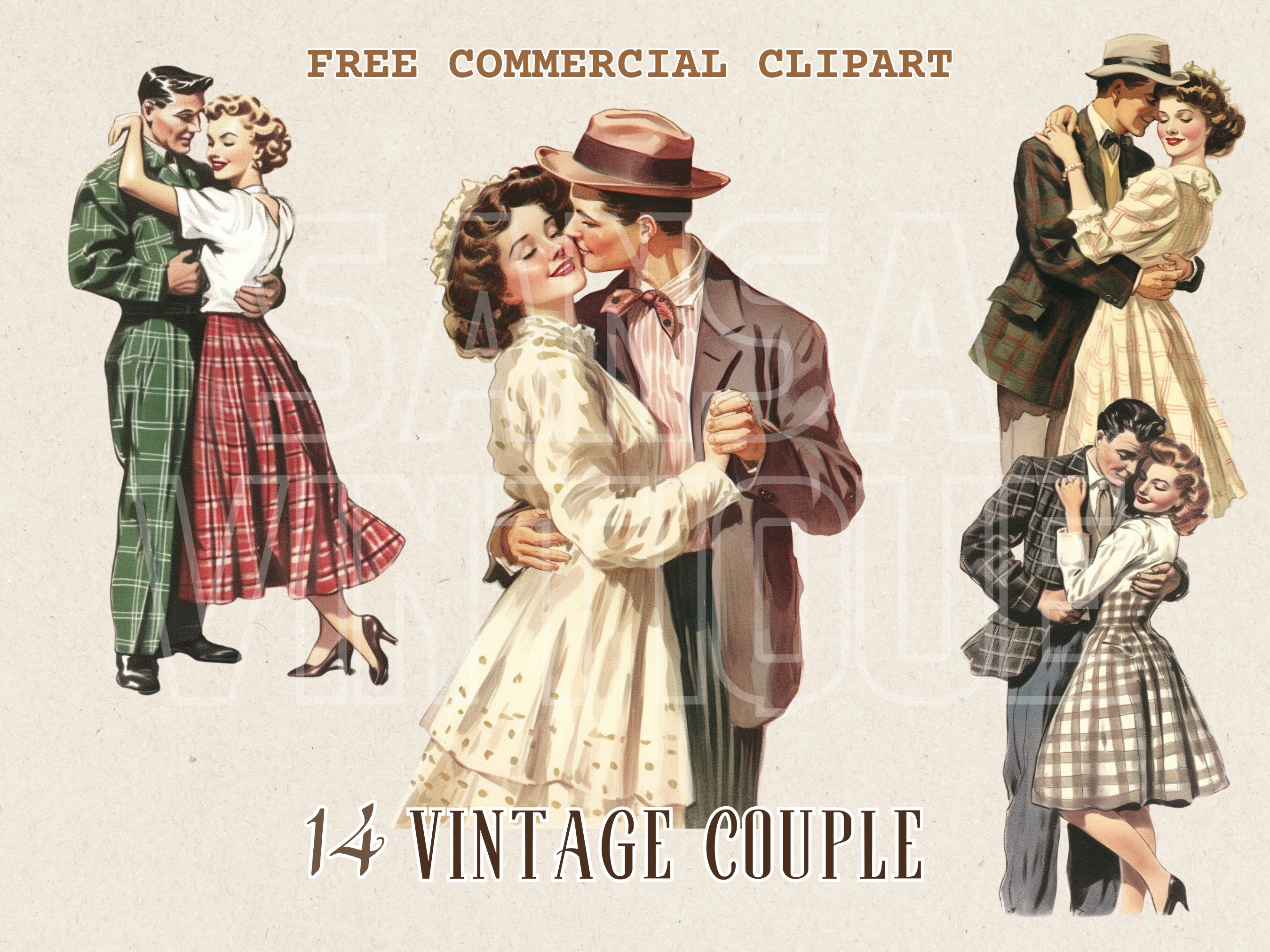 Vintage 1950s Couple Watercolor Clipart, Retro Romance Free Commercial ...