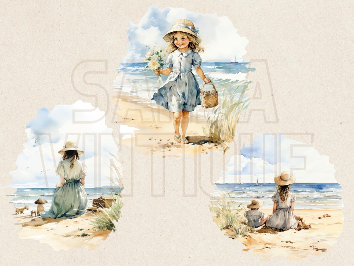 Vintage Beach Scene Watercolor Clipart Bundle, Retro Beach Day Free ...