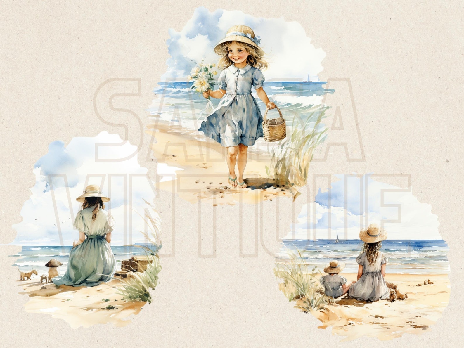 Vintage Beach Scene Watercolor Clipart Bundle, Retro Beach Day Free ...