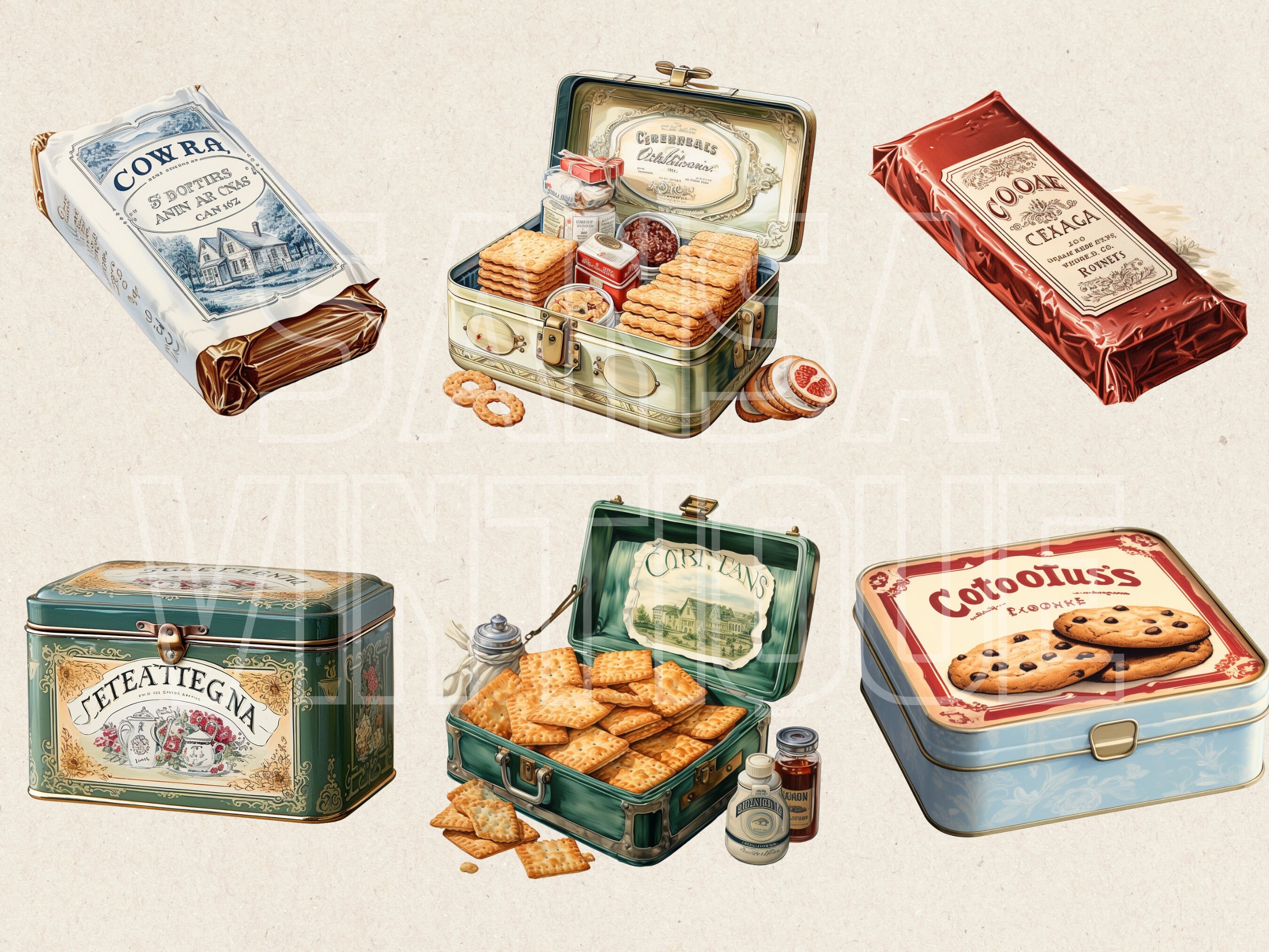 Retro Food Package Watercolor Clipart Set, Vintage Food Free Commercial ...