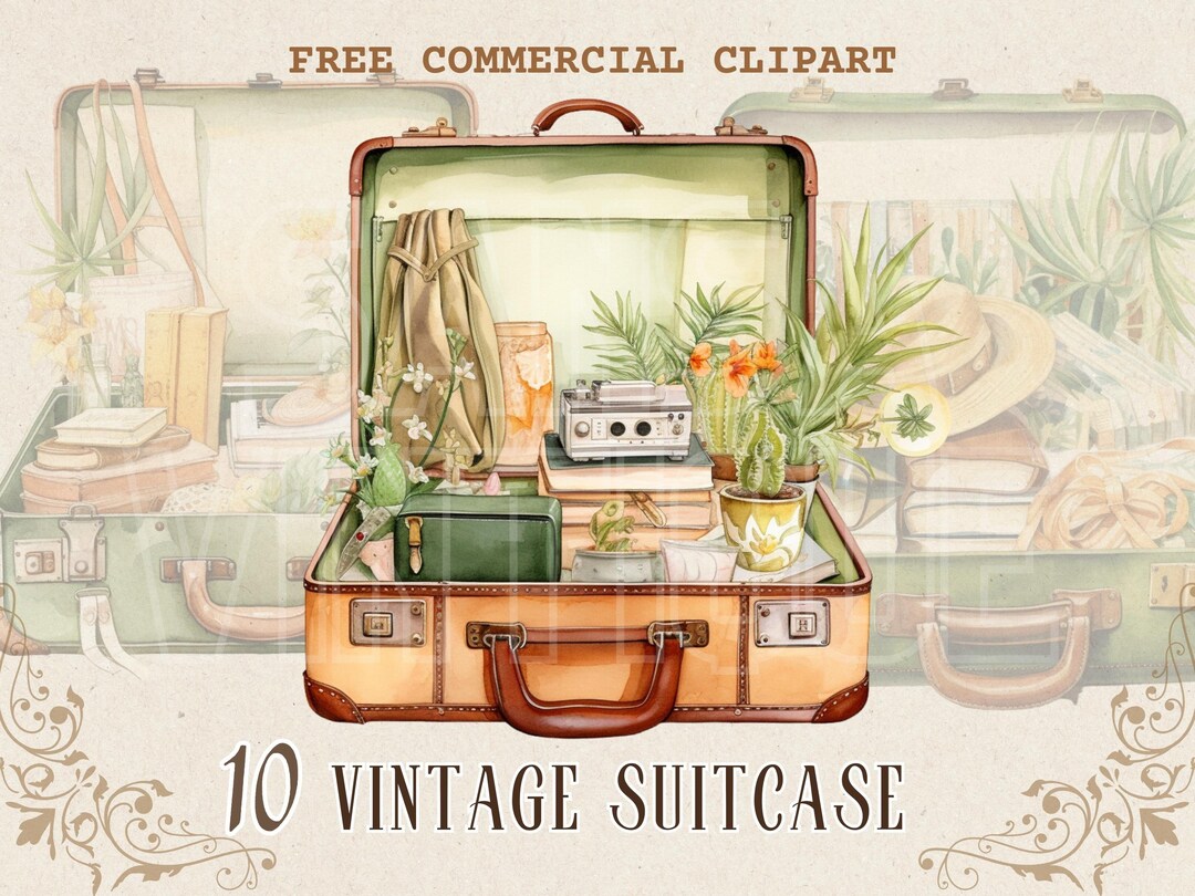 Vintage Suitcase Watercolor Clipart, Retro Luggage Free Commercial PNG ...