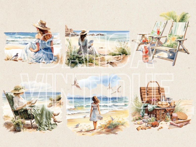 Vintage Beach Scene Watercolor Clipart Bundle, Seaside Relaxation Free ...