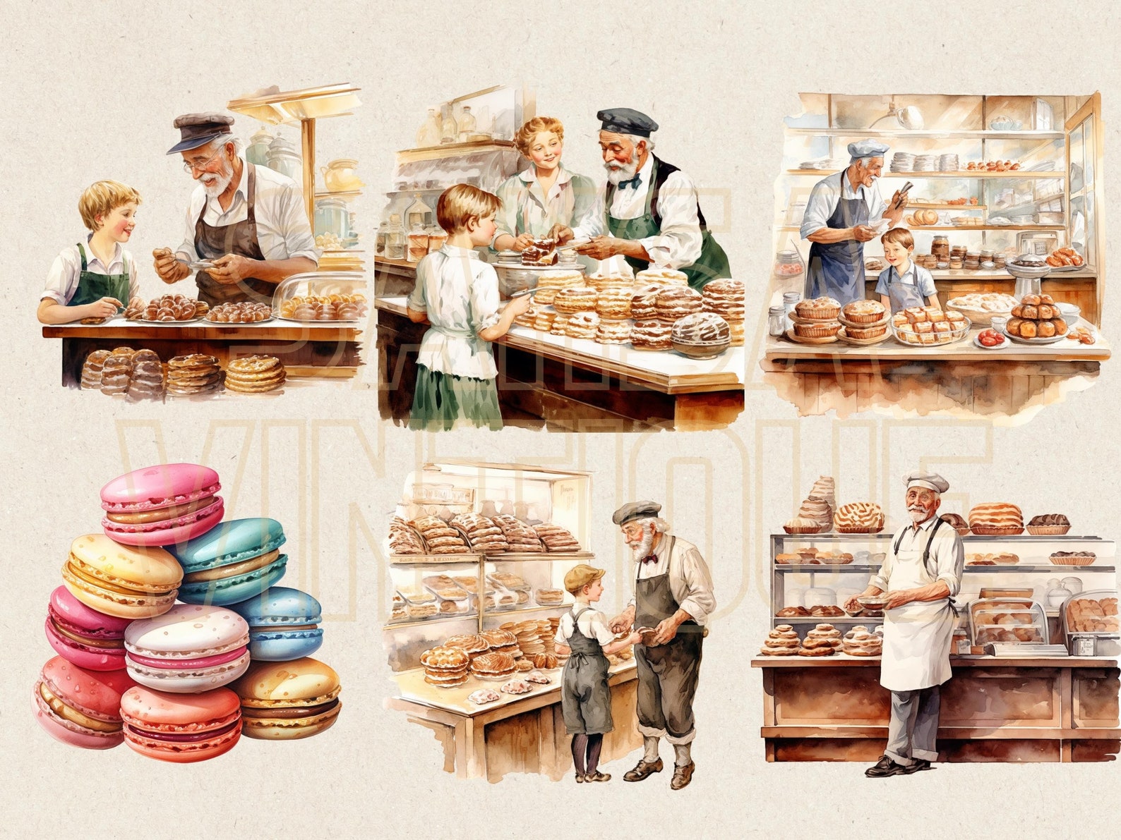 Vintage Bakery Shop Watercolor Clipart, Retro Pastry Chef Free ...