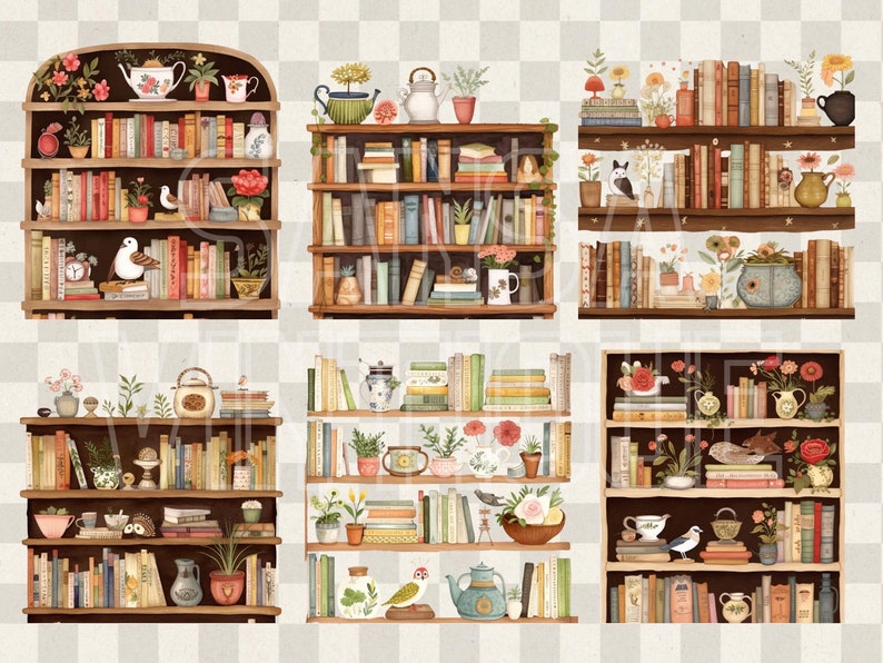 Retro Bookcase Watercolor Clipart, Classic Bookshelf Free Commercial ...