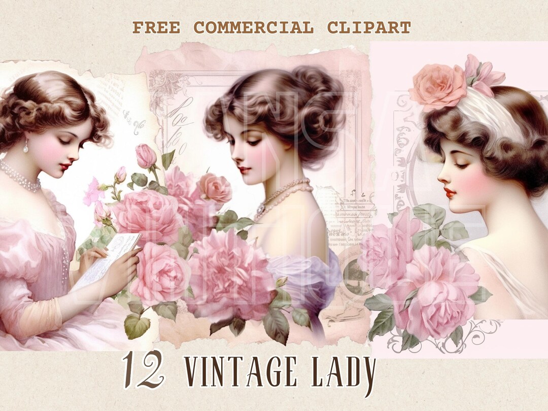 Vintage Floral Lady and Decoupage Background Watercolor Clipart, Retro ...