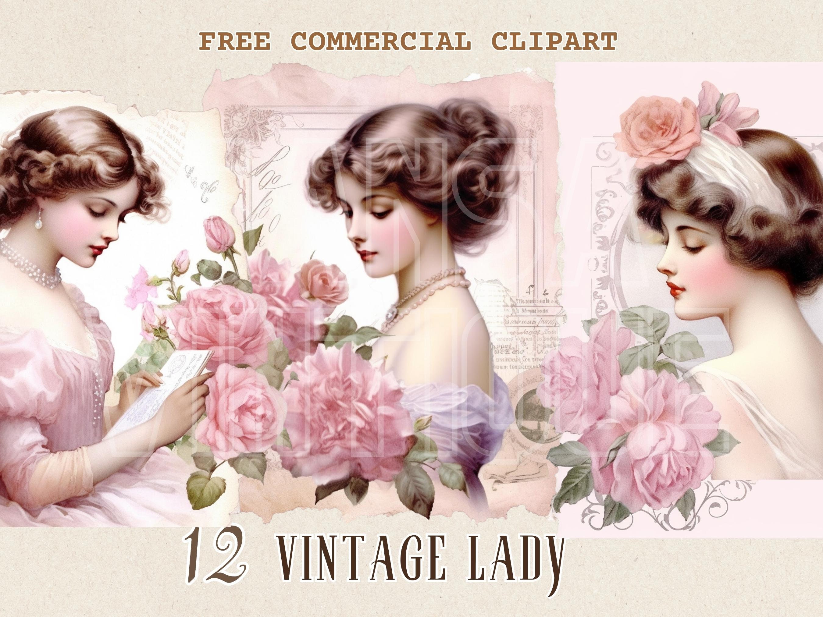 Vintage Floral Lady and Decoupage Background Watercolor Clipart, Retro ...