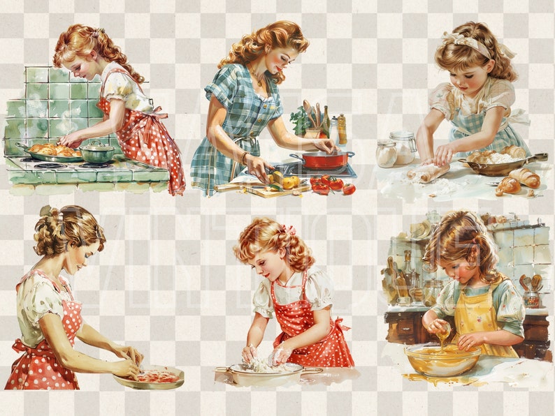 Vintage Girl Cooking in the Kitchen Watercolor Clipart, Retro Lady ...