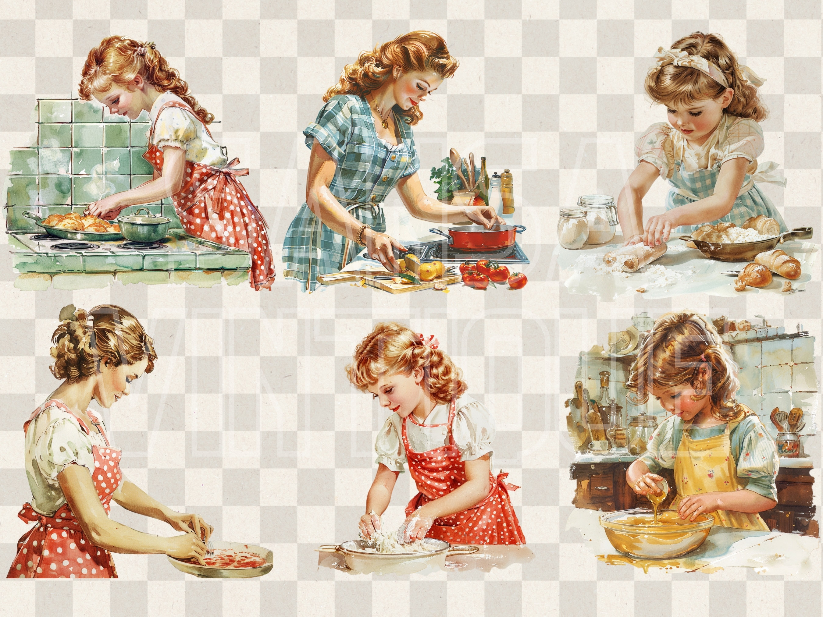 Vintage Girl Cooking in the Kitchen Watercolor Clipart, Retro Lady ...