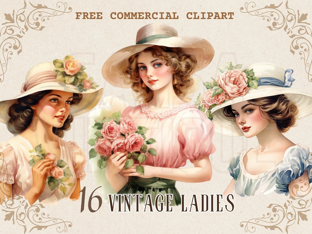 Vintage Lady Wearing Floral Hats Watercolor Clipart Set, Retro Woman ...