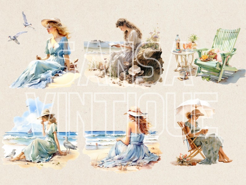 Vintage Beach Scene Watercolor Clipart Bundle, Seaside Relaxation Free ...