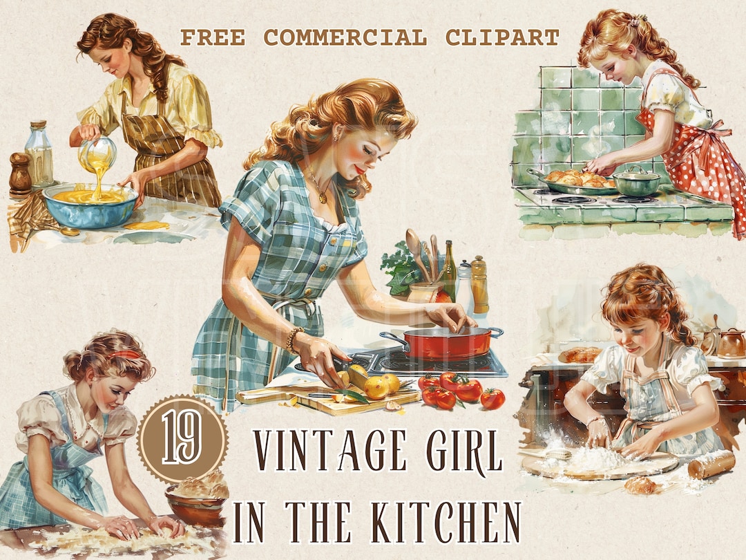 Vintage Girl Cooking in the Kitchen Watercolor Clipart, Retro Lady ...
