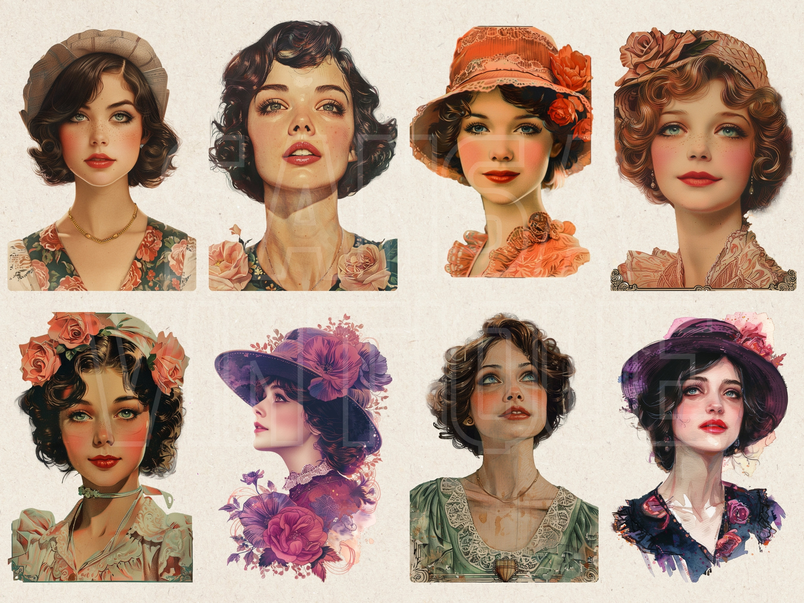 Vintage Girl Watercolor Clipart, Retro Pretty Woman Free Commercial PNG ...
