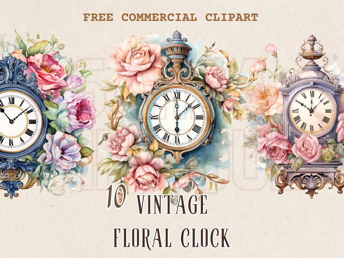 Vintage Floral Clock Watercolor Clipart, Classic Flower Clock Free ...
