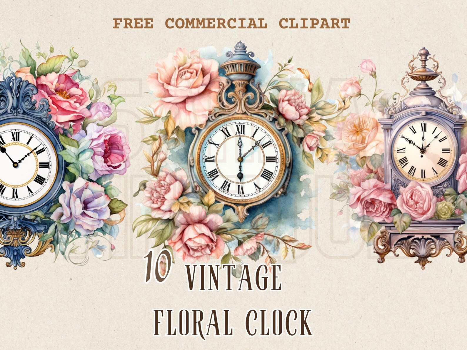 Vintage Floral Clock Watercolor Clipart, Classic Flower Clock Free ...