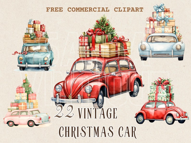 Christmas Car Watercolor Clipart, Vintage Car Carrying Festive Present ...