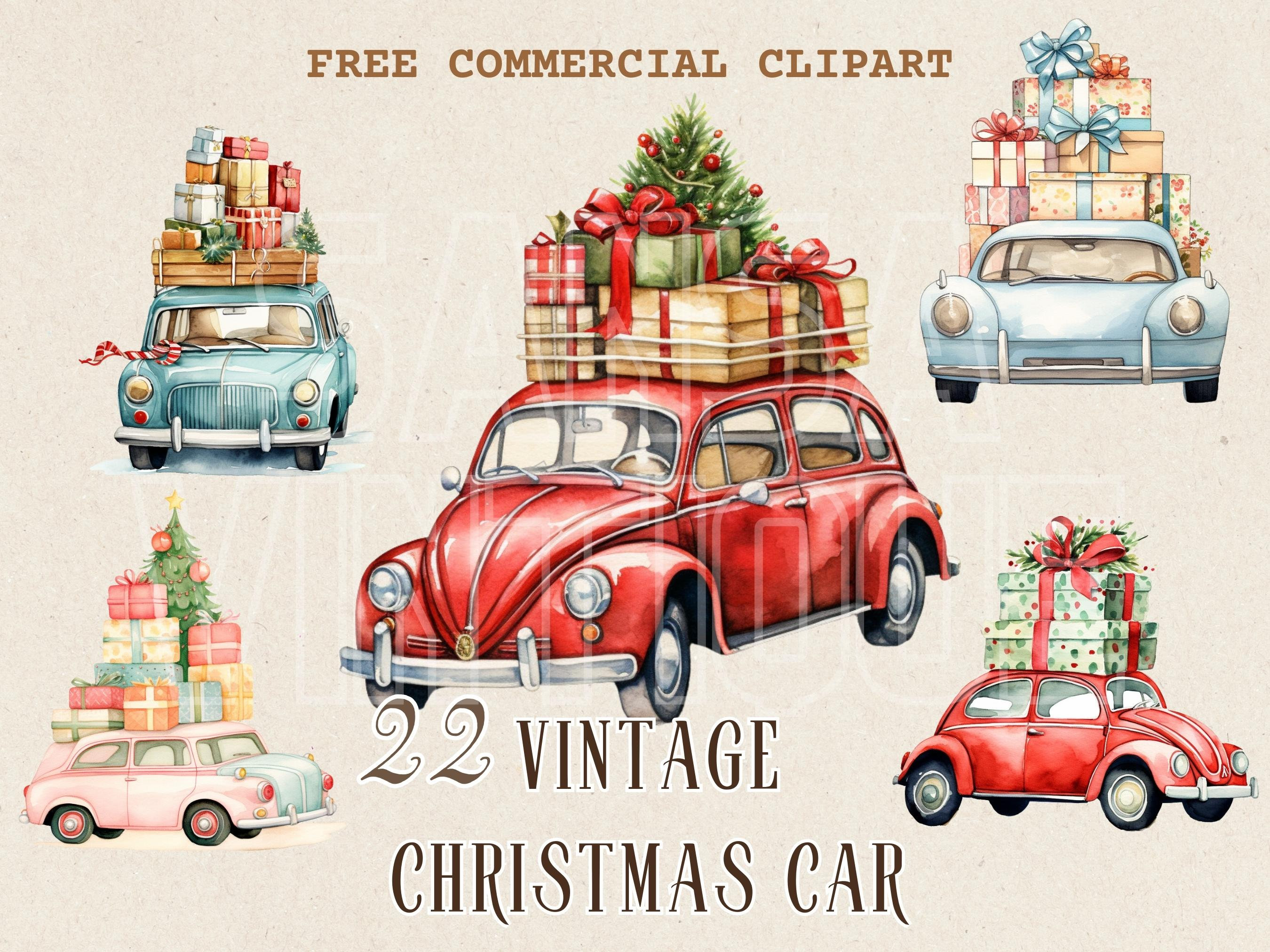 Christmas Car Watercolor Clipart, Vintage Car Carrying Festive Present ...