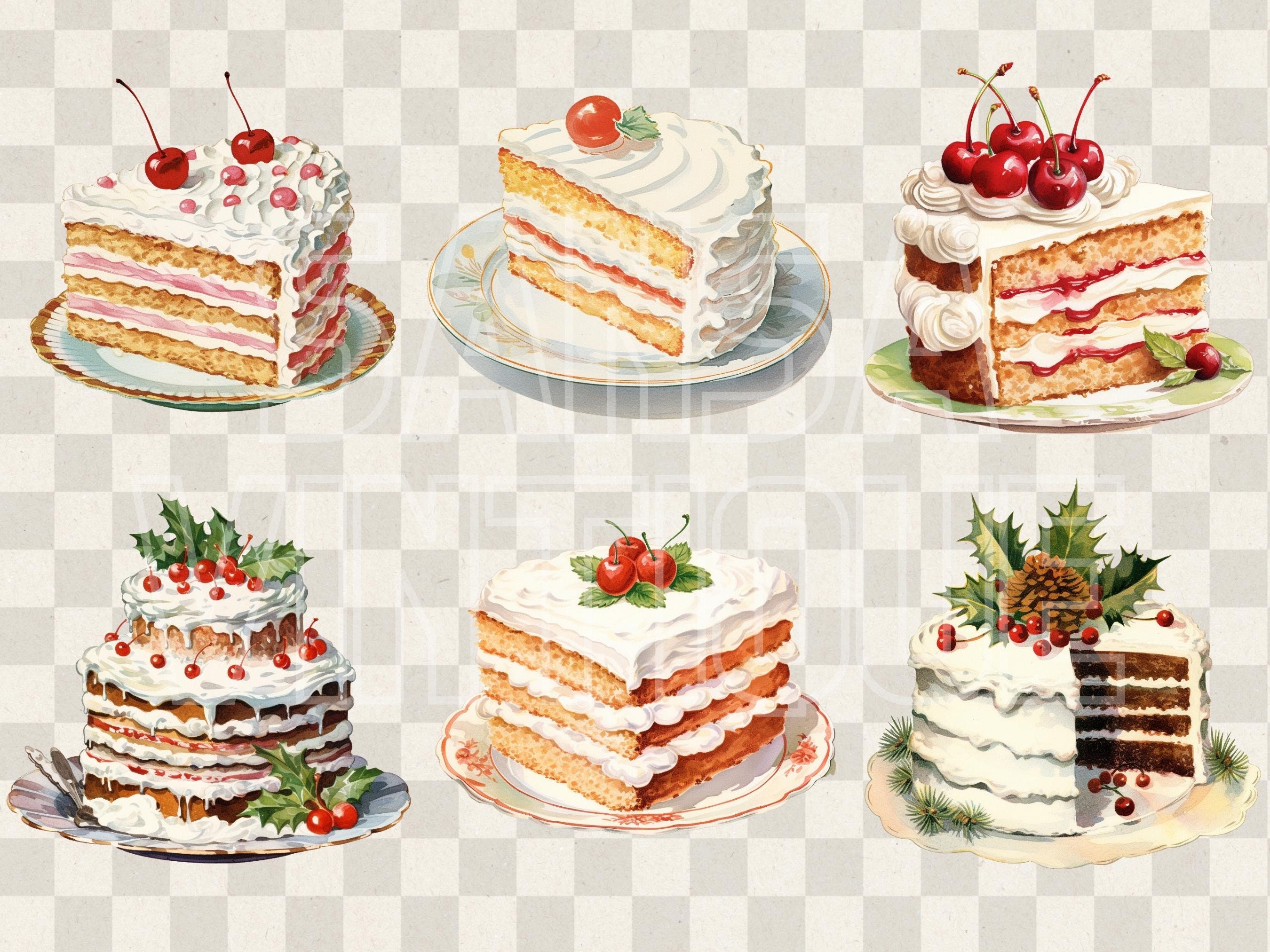 Vintage Cake Watercolor Clipart, Christmas Cake Free Commercial PNG Set ...