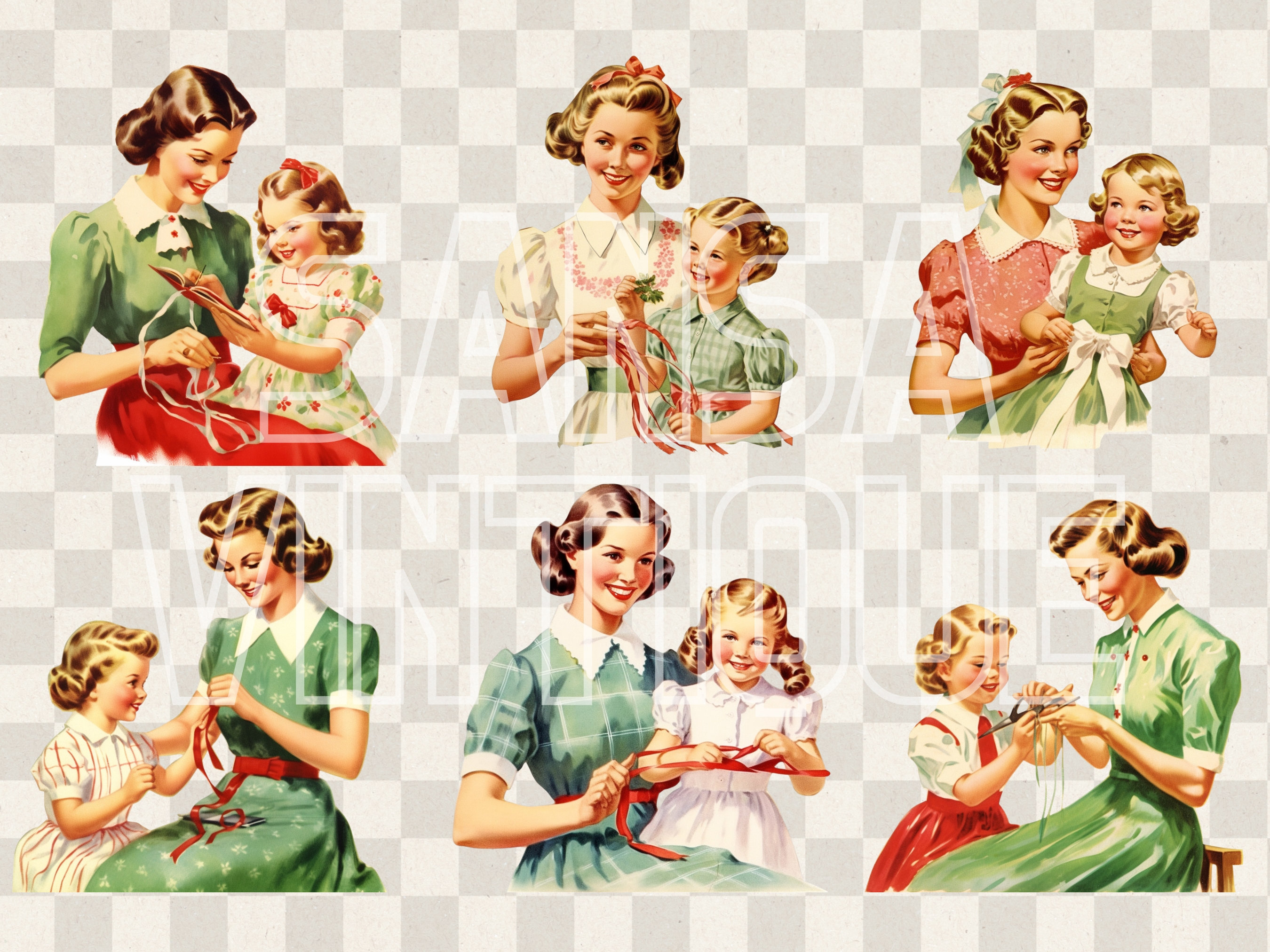 Vintage Mother and Child Watercolor Clipart, Retro Mom and Kid Free ...