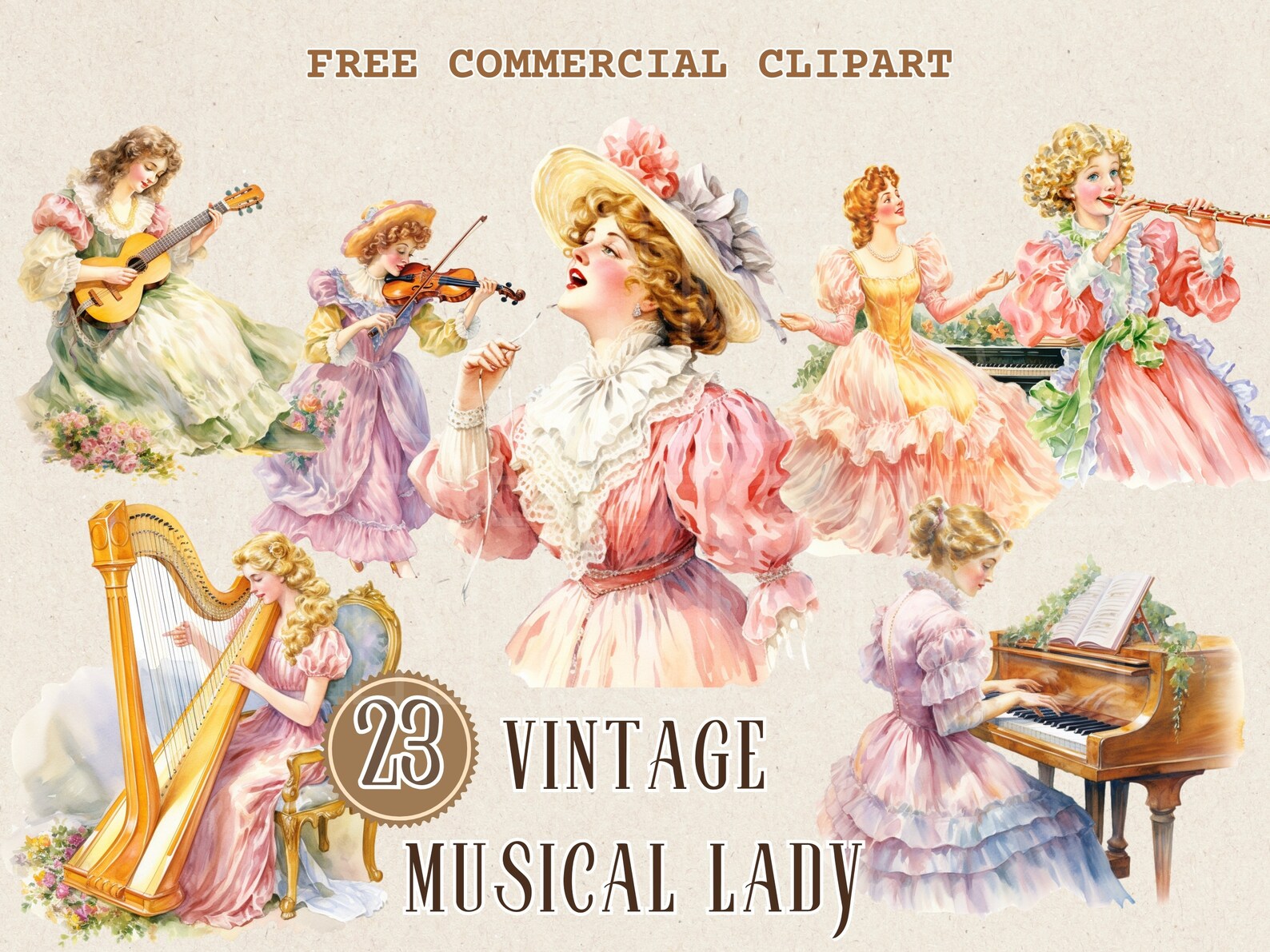 Vintage Musical Lady Watercolor Clipart, Victorian Woman Play Violin ...