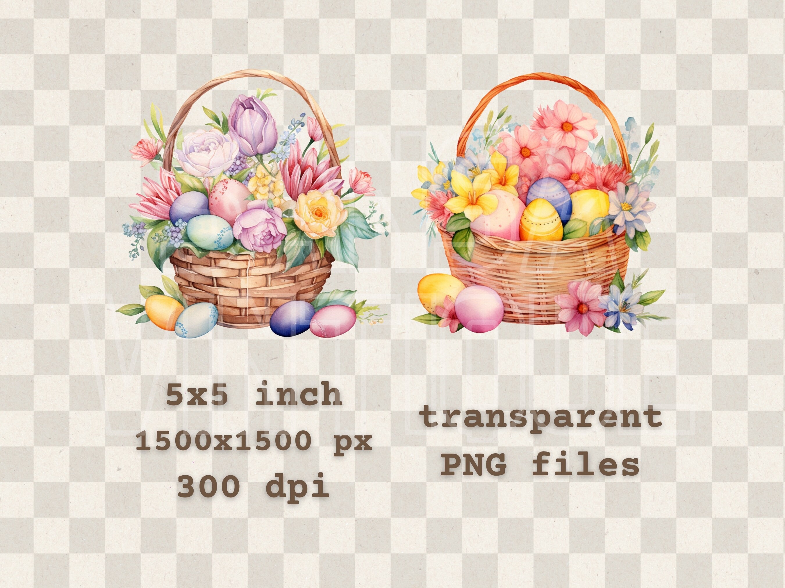 Vintage Easter Basket Watercolor Clipart, Easter Egg and Flower Free ...