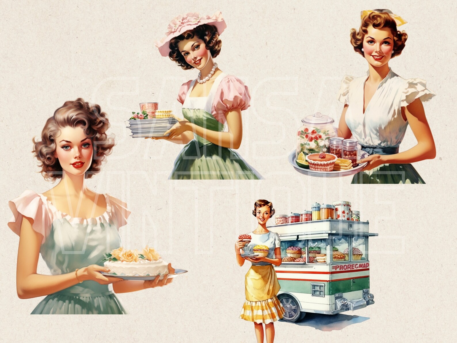 Retro Woman and Food Tray Watercolor Clipart Set, Vintage 50s Catering ...