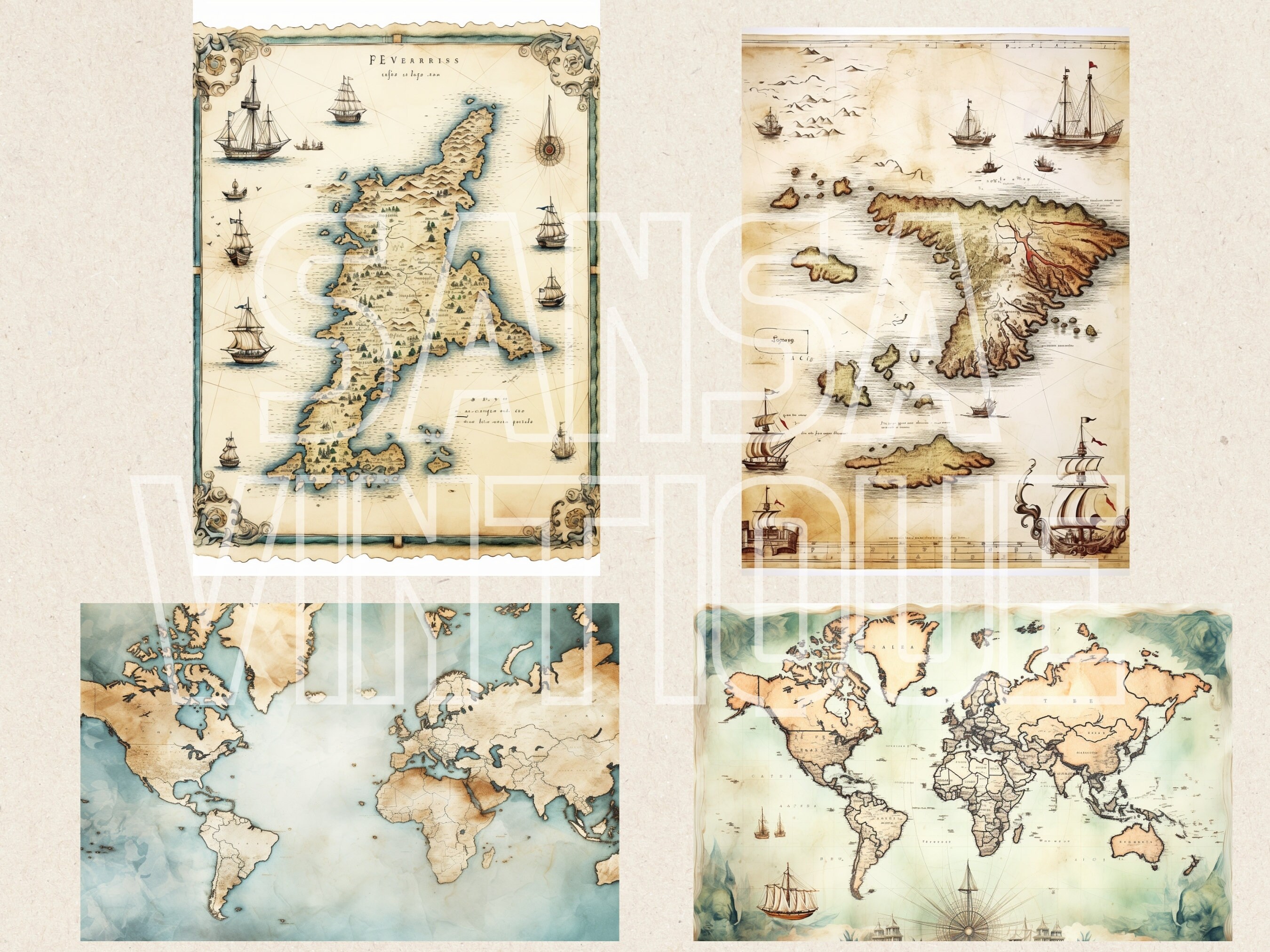 Vintage Fictional Map Watercolor Clipart, Nostalgic Imaginary World Map ...