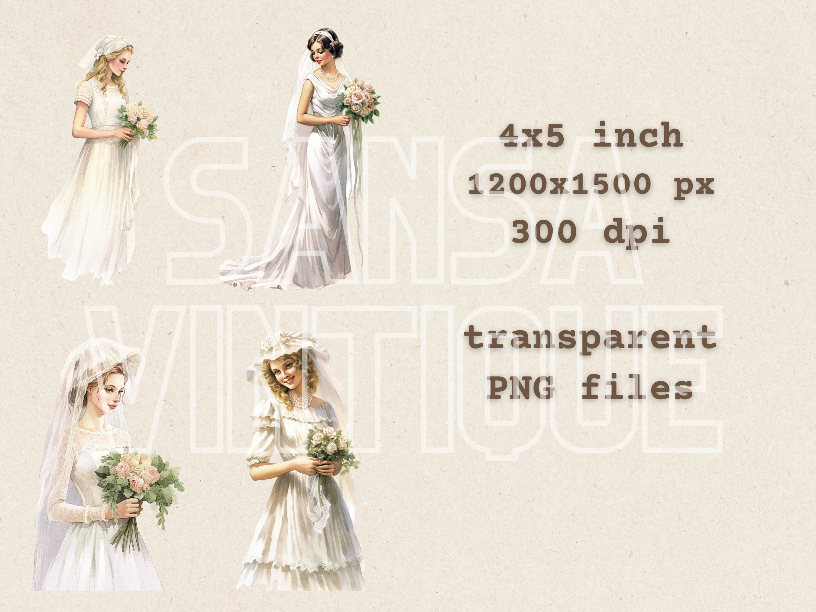Vintage Bride Watercolor Clipart, Retro Wedding Free Commercial PNG Set ...