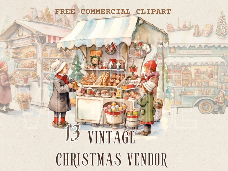 Vintage Christmas Vendor Cart Watercolor Clipart, Vintage Holiday ...