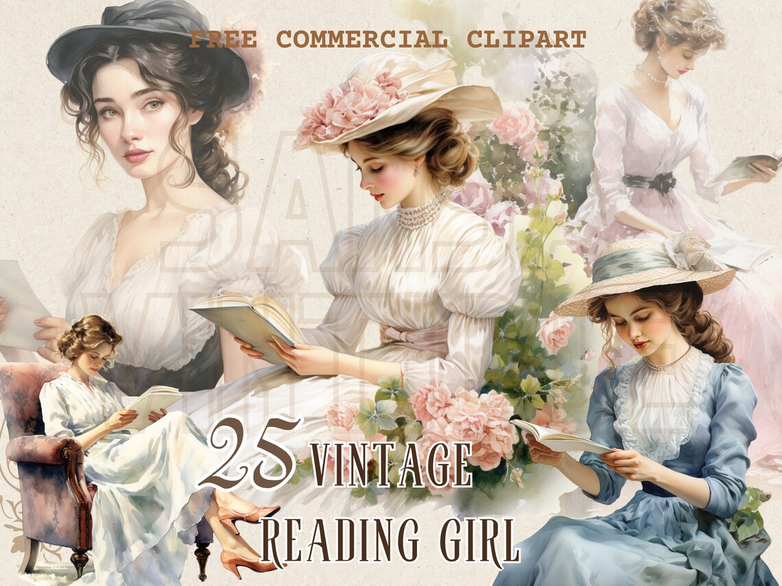 Vintage Lady Reading Watercolor Clipart, Retro Reading Free Commercial ...