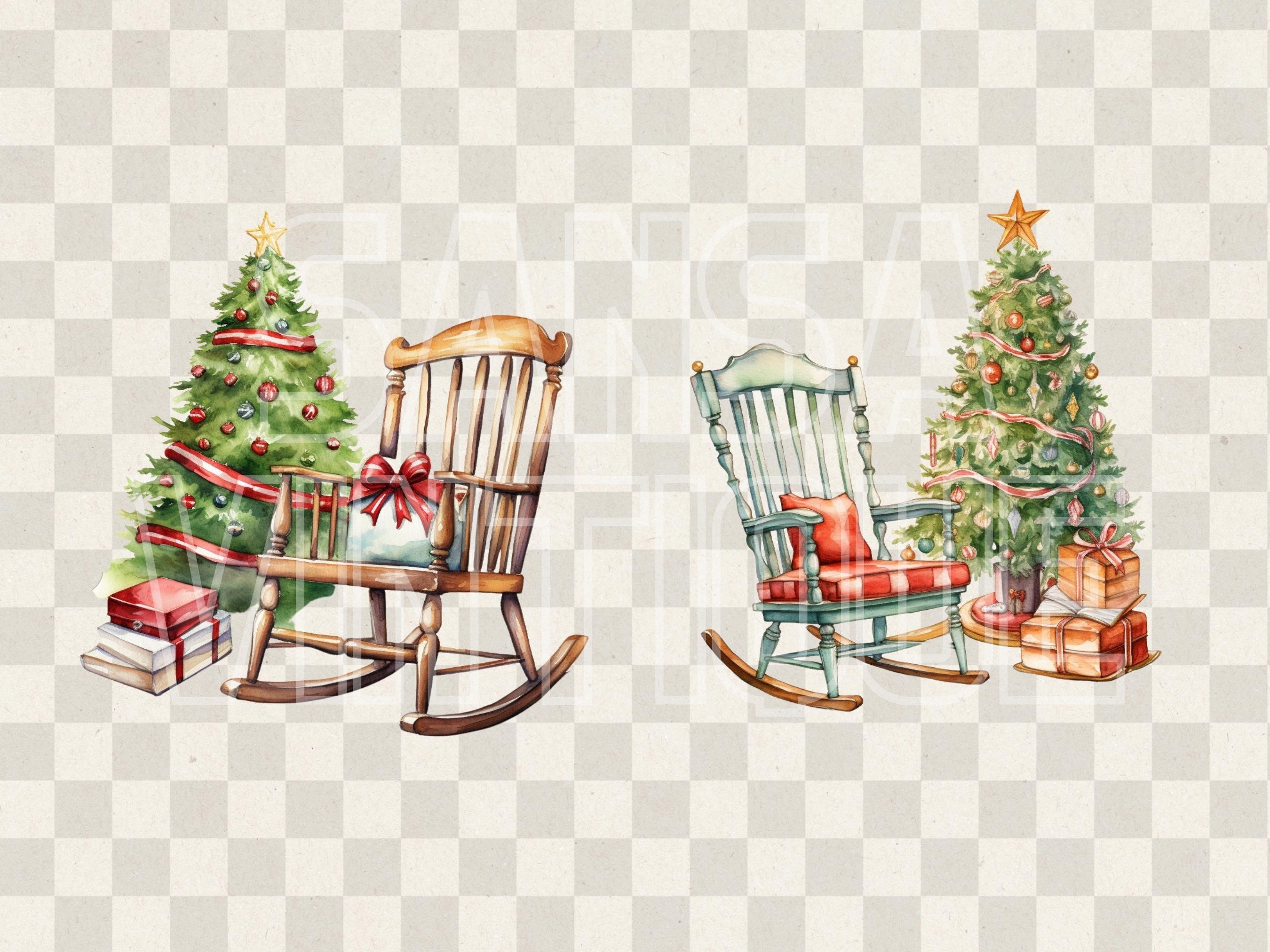 Vintage Christmas Rocking Chair Watercolor Clipart, Christmas Tree Free ...