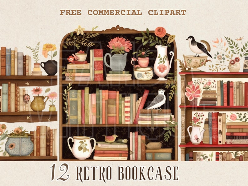 Retro Bookcase Watercolor Clipart, Classic Bookshelf Free Commercial ...