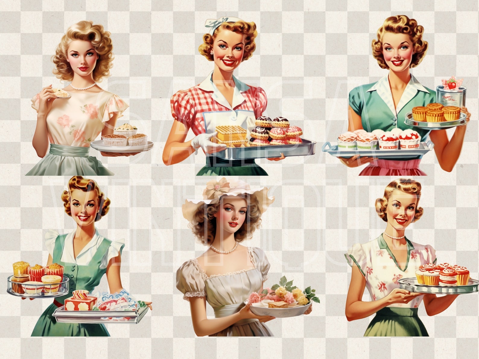 Retro Woman and Food Tray Watercolor Clipart Set, Vintage 50s Catering ...