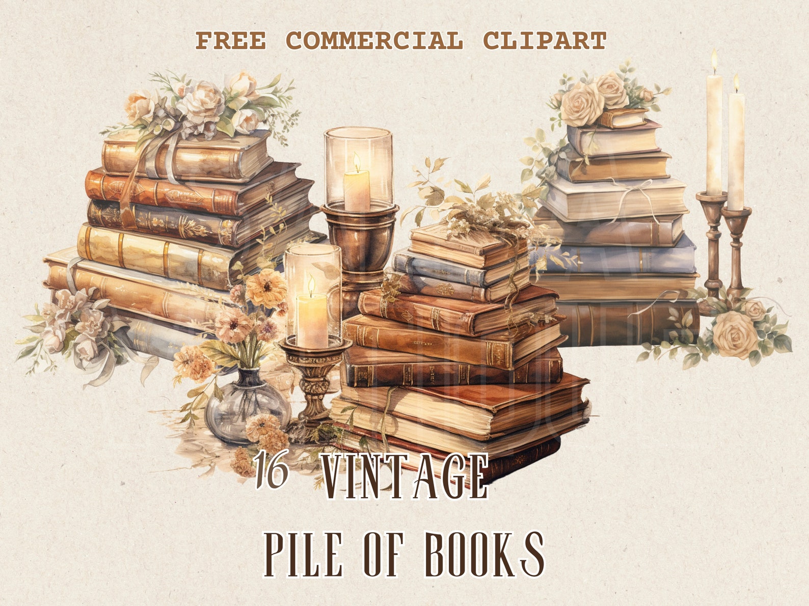 Vintage Book Stack Watercolor Clipart, Book and Candle, Classic ...