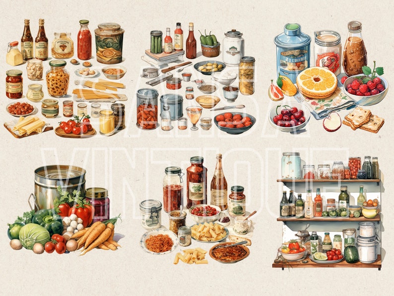 Retro Pantry Shelf Watercolor Clipart Set, Vintage Food Storage Free ...