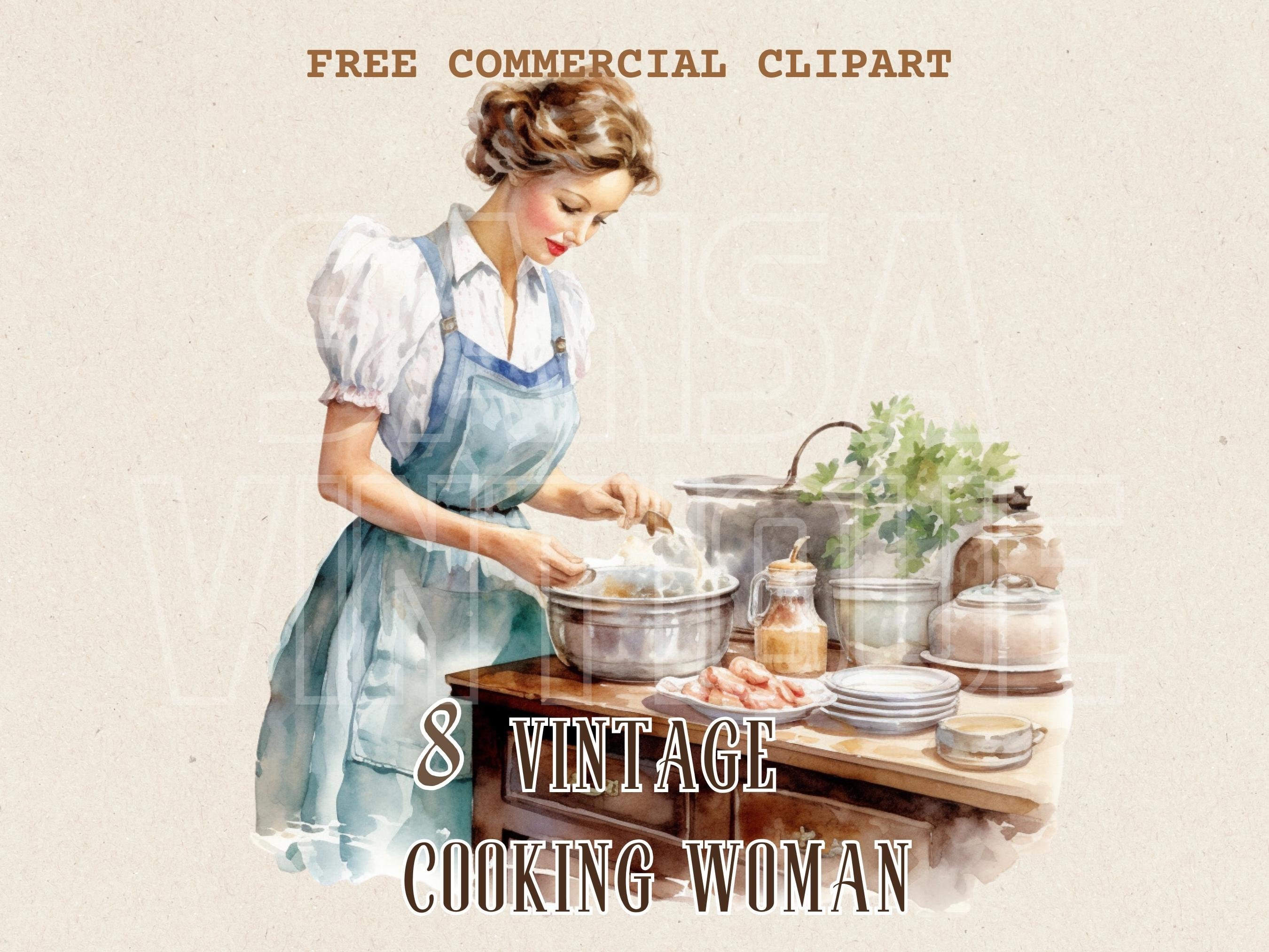 Vintage Woman Cooking Watercolor Clipart Set, Retro Culinary Lady Free ...