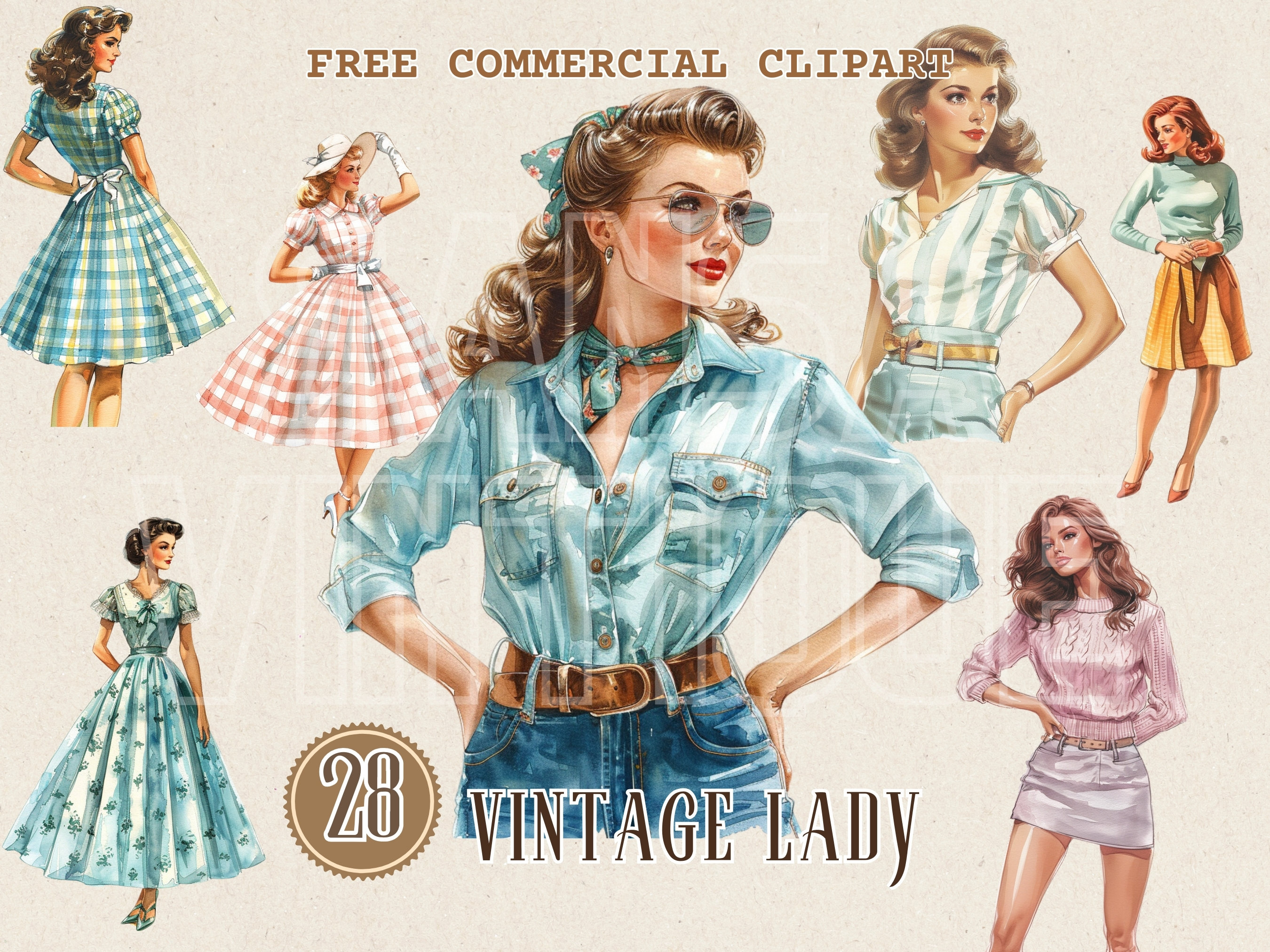 1950s Lady Fashion Clothes Watercolor Clipart, Retro Fashion Lady Free ...
