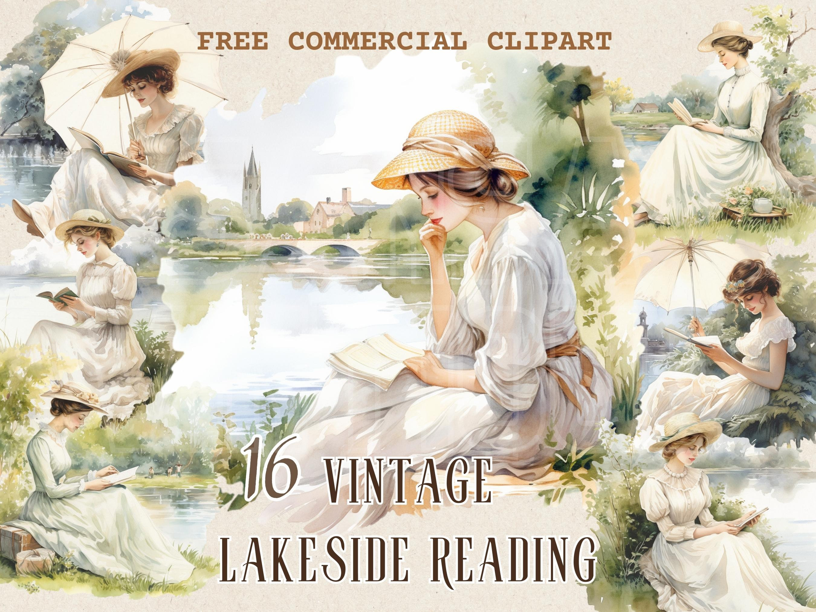 Vintage Lady Reading Watercolor Clipart, Retro Reading by Lake Free ...