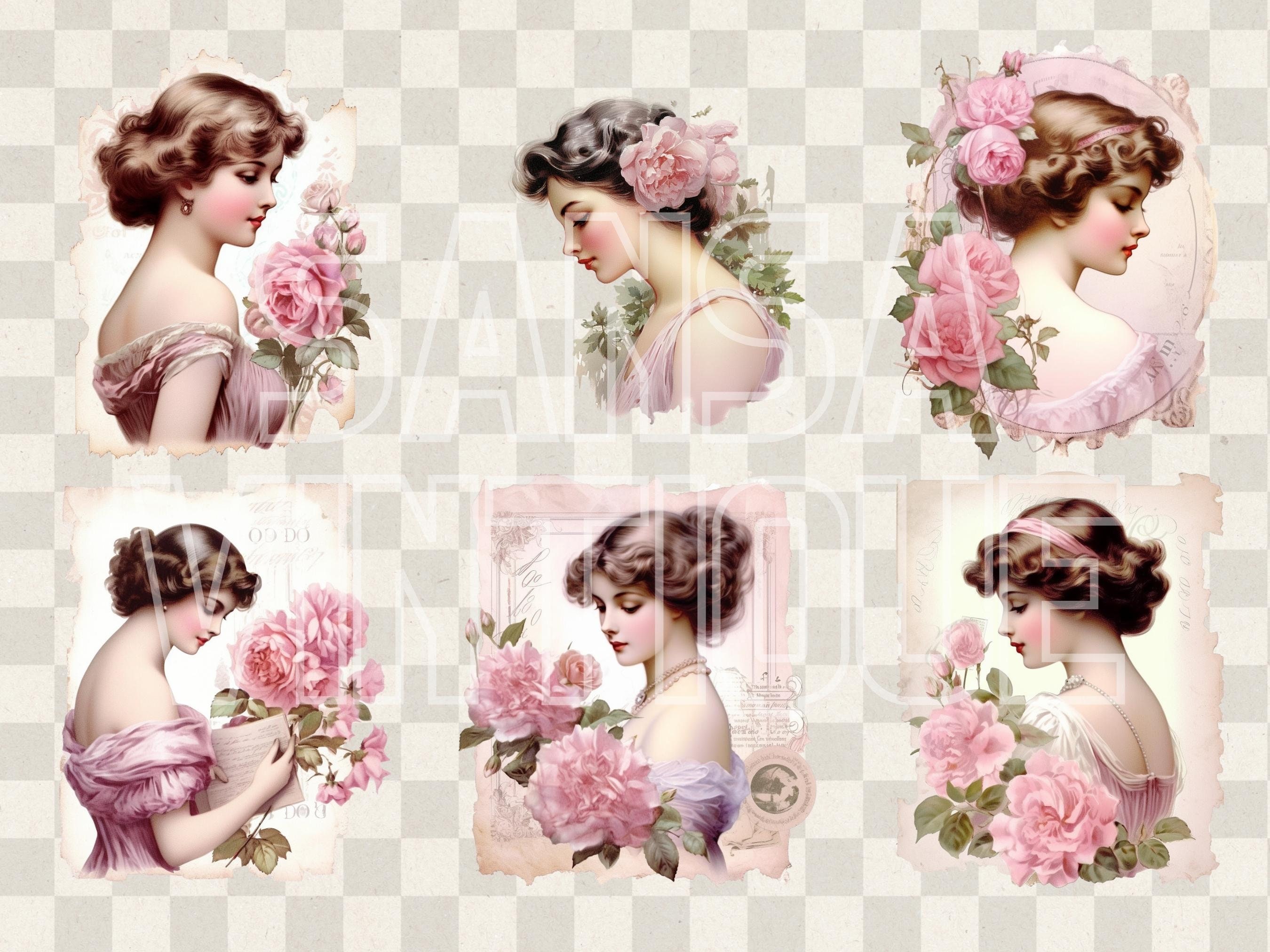 Vintage Floral Lady and Decoupage Background Watercolor Clipart, Retro ...