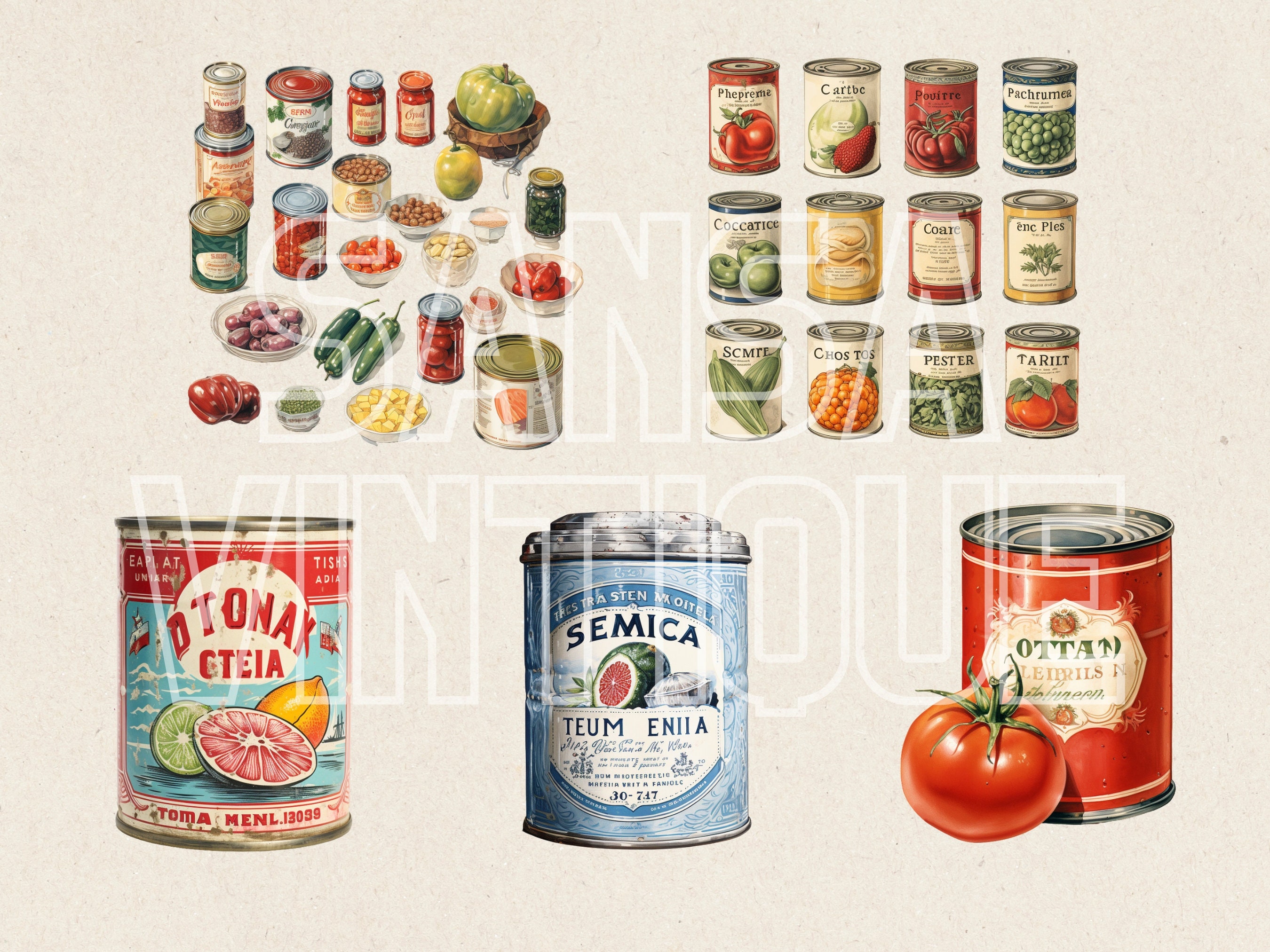 Retro Canned Food Watercolor Clipart Set, Vintage Food Free Commercial ...