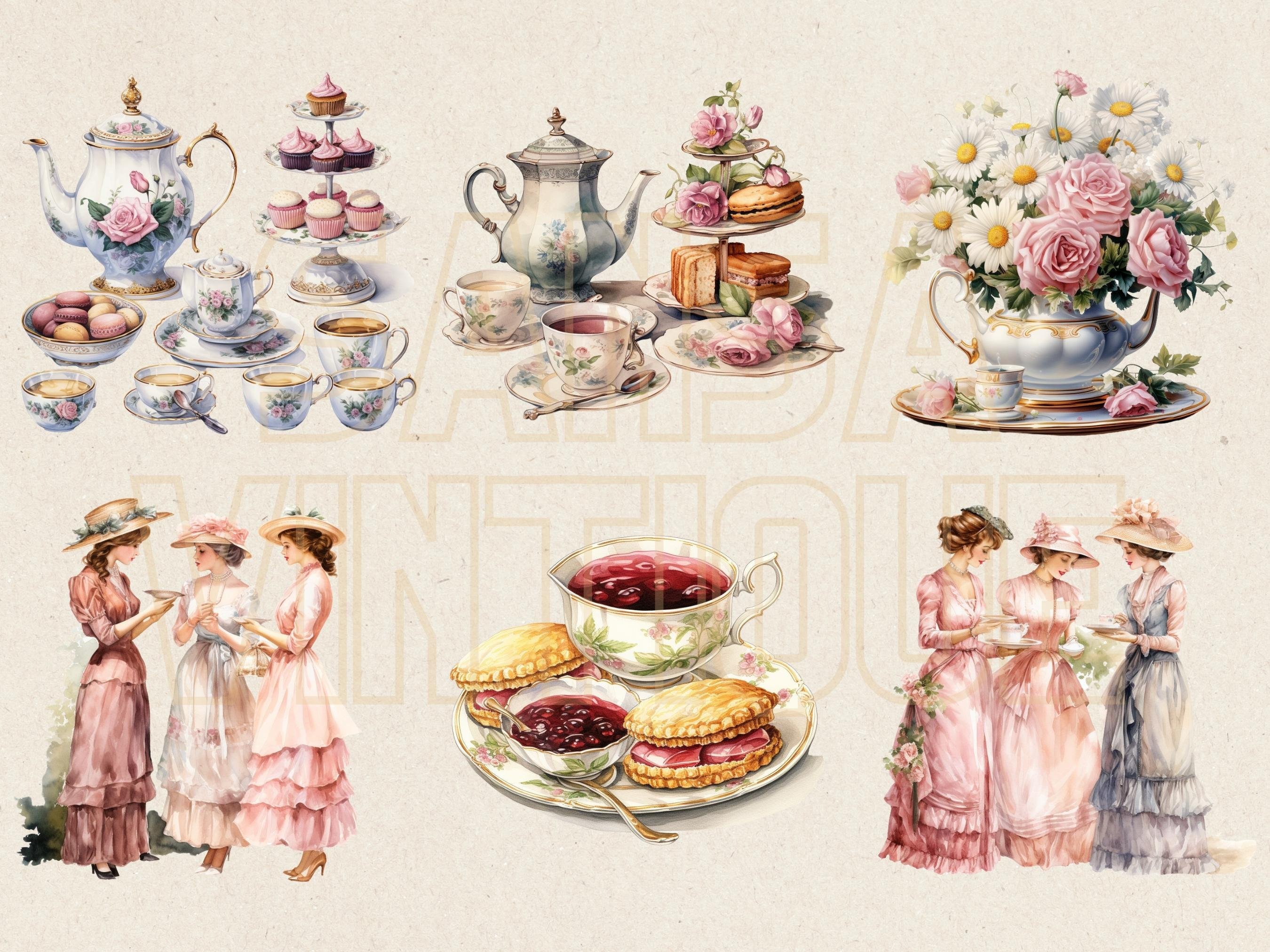 Vintage Tea Party Watercolor Clipart, Retro Tea Set Free Commercial PNG ...
