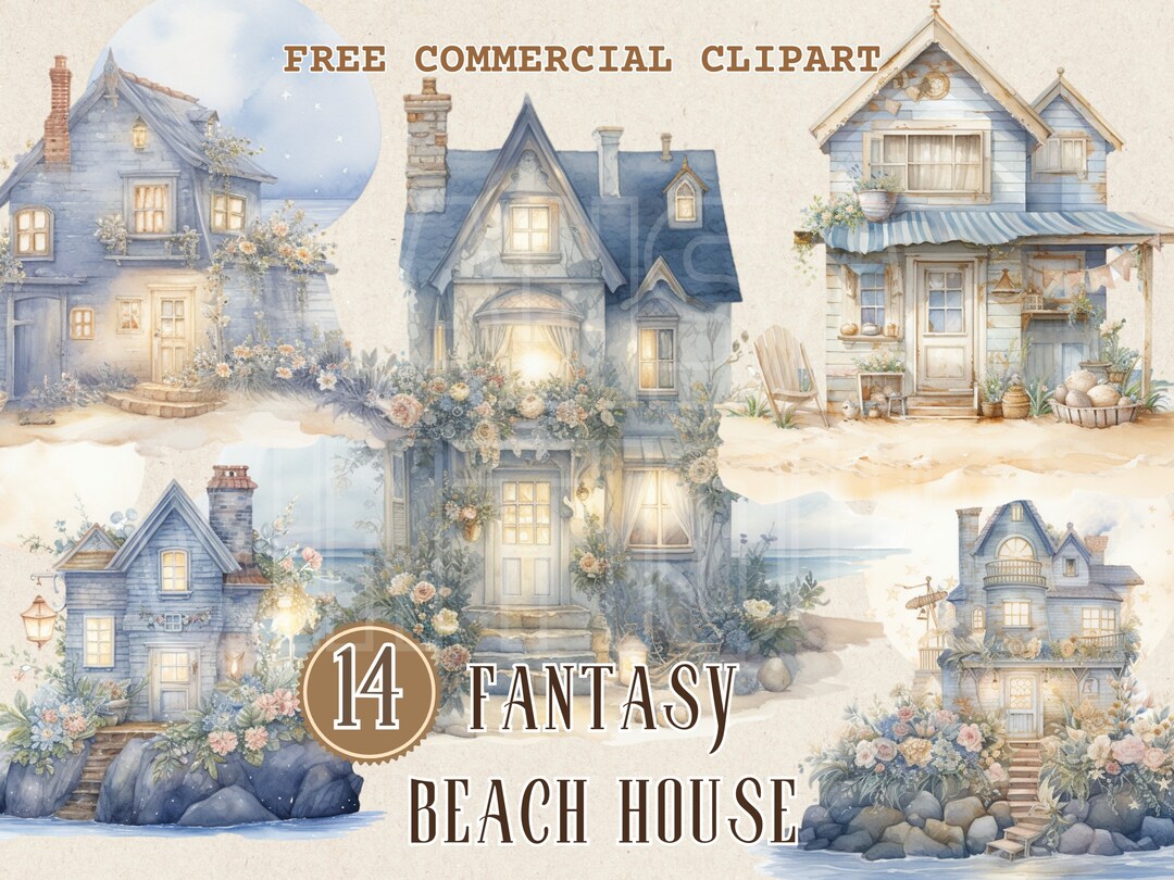 Fantasy Beach House Watercolor Clipart, Dreamy Cottage Under Moon Free ...