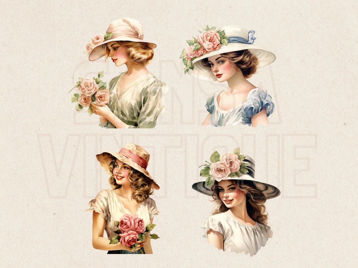 Vintage Lady Wearing Floral Hats Watercolor Clipart Set, Retro Woman ...