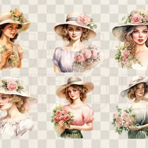 Vintage Lady Wearing Floral Hats Watercolor Clipart Set, Retro Woman ...