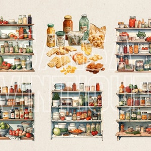 Retro Pantry Shelf Watercolor Clipart Set, Vintage Food Storage Free ...