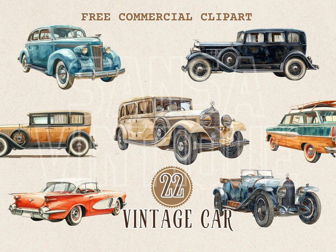 Vintage Car Watercolor Clipart, 1950s Convertible, 1920s Roadster ...