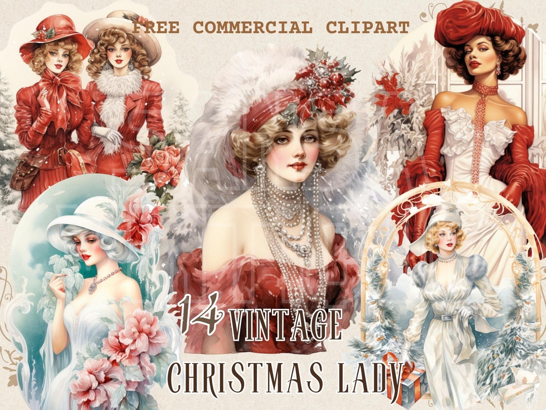 Vintage Christmas Lady Watercolor Clipart, Retro Holiday Woman Free ...